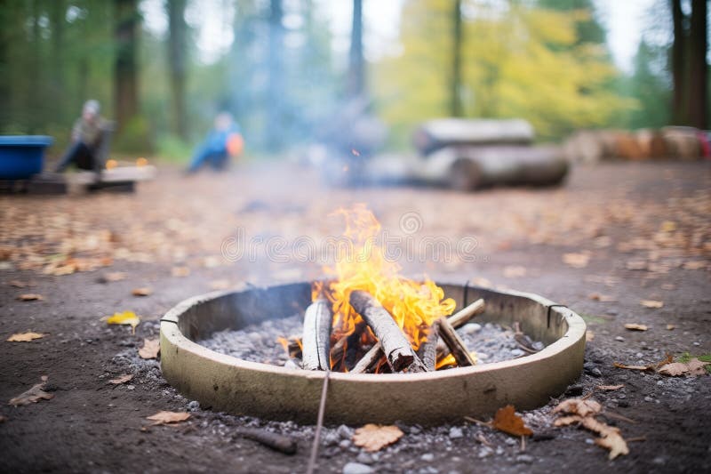 Fire Pit Ring with Burning Wood in a Forest Campsite Stock Photo ...