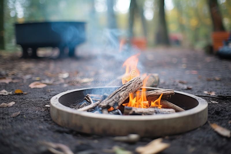 Fire Pit Ring with Burning Wood in a Forest Campsite Stock Image ...