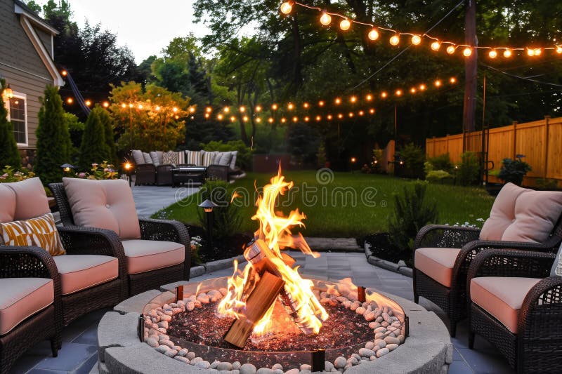 Fire Pit with Seating Around, String Lights in Background Stock Image ...