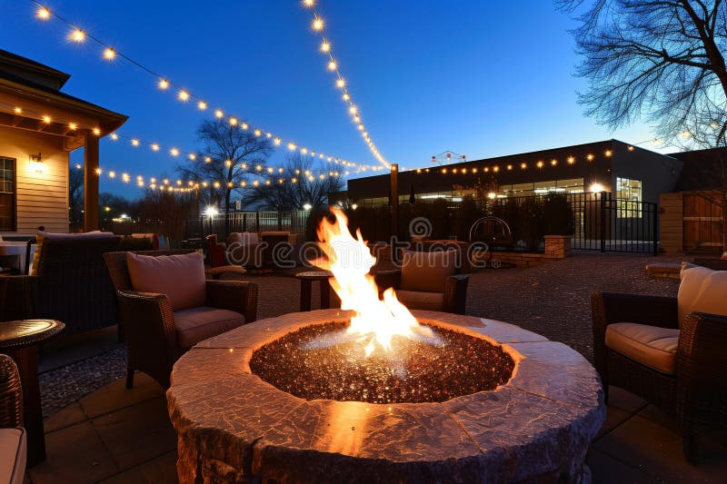 Fire Pit with Seating Around, String Lights in Background Stock Image ...