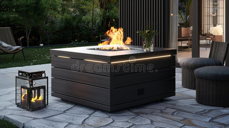 A Fire Pit Set within a Sleek Table Crafted from Black Bamboo Sheets ...