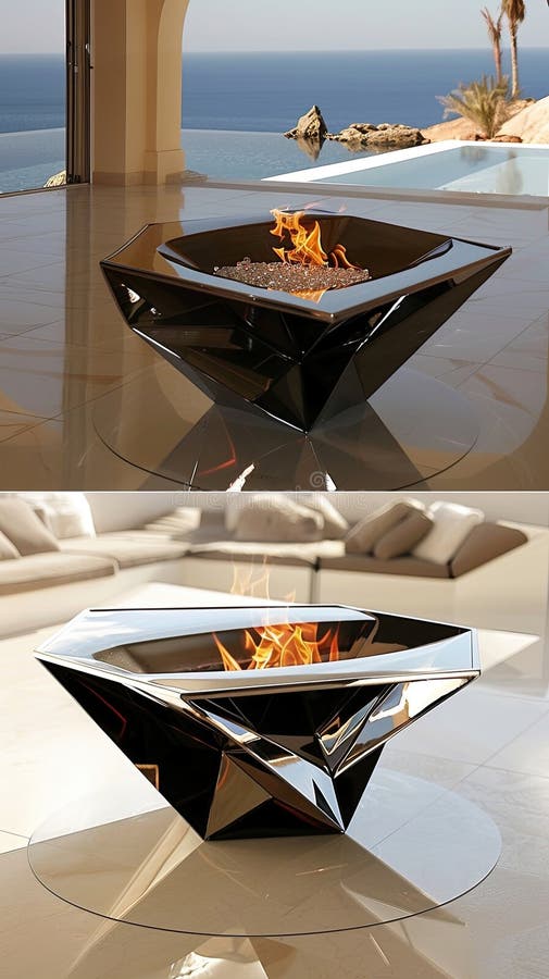 A Fire Pit Set within a Sleek Table Crafted from Black Bamboo Sheets ...
