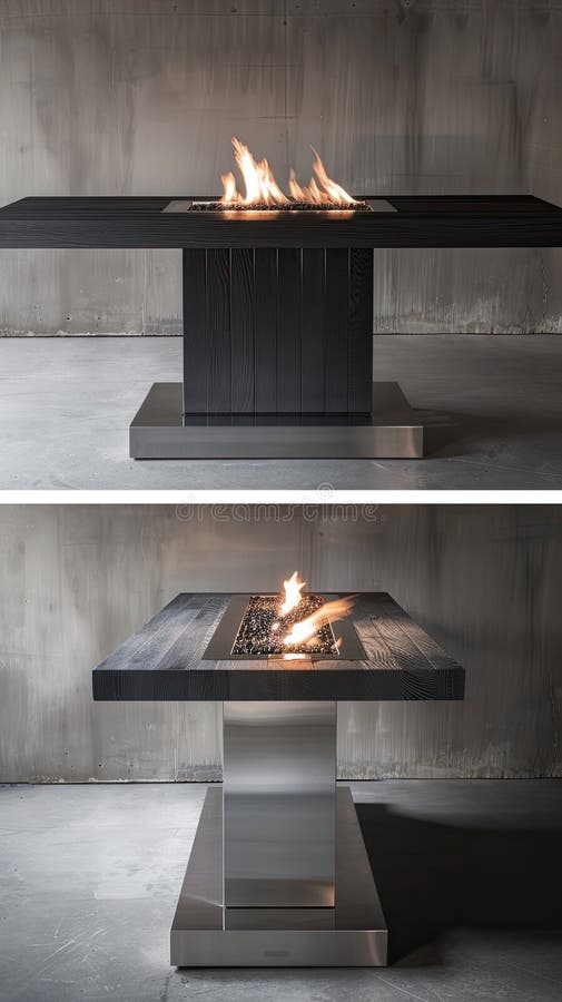 A Fire Pit Set within a Sleek Table Crafted from Black Bamboo Sheets ...