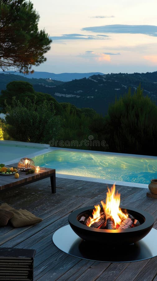 A Fire Pit Set within a Sleek Table Crafted from Black Bamboo Sheets ...