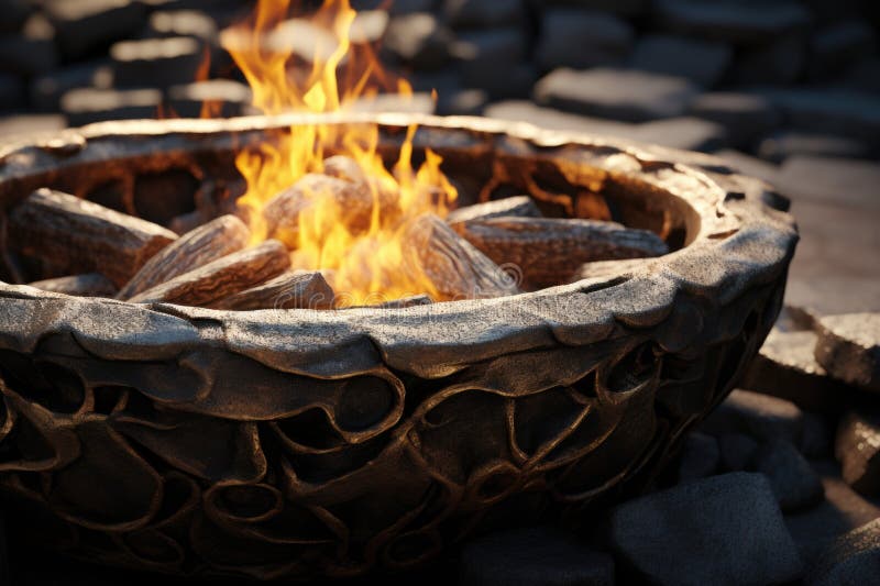 A Fire Pit Sits Atop a Pile of Rocks, Ideal for Camping or Backyard Use ...