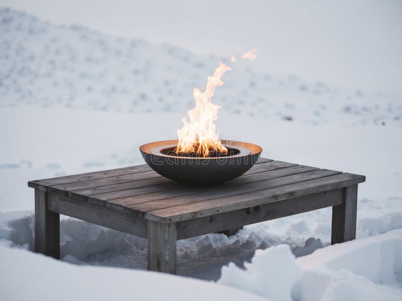 A Fire Pit Sitting on Top of a Wooden Table in the Snow. Stock Photo ...
