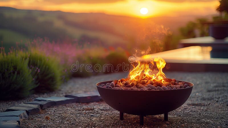 A Fire Pit with a Sunset in the Background Stock Image - Image of ...