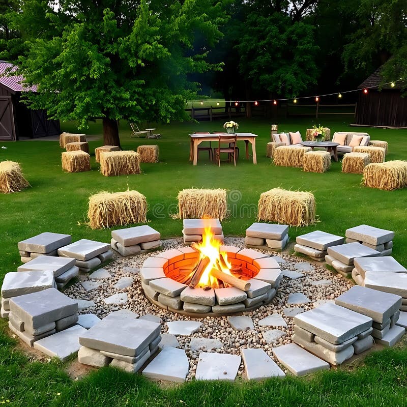 Fire Pit Surrounded by Circular Stone Seating in a Rustic Farmyard with ...