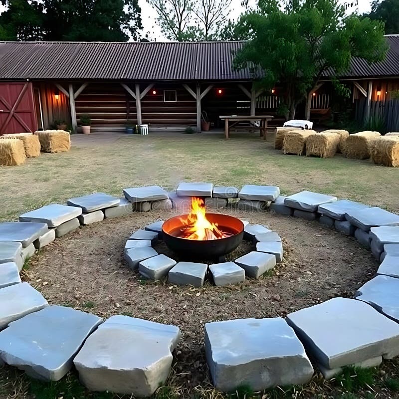 Fire Pit Surrounded by Circular Stone Seating in a Rustic Farmyard with ...