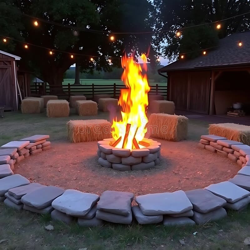 Fire Pit Surrounded by Circular Stone Seating in a Rustic Farmyard with ...