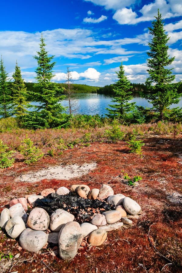 A Fire Pit Surrounded by Rocks is in the Middle of a Forest Stock Photo ...