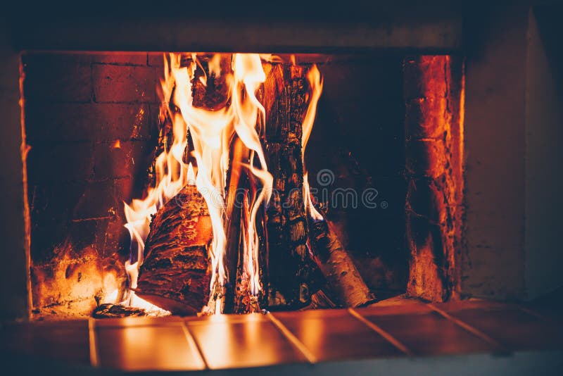 Fire Place. Burning Wood in Open Fire Place Stock Photo - Image of ...