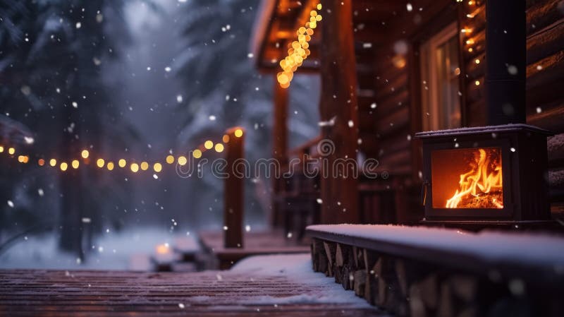 A Fire Place is Lit Up in Front of a Cabin, AI Stock Illustration ...