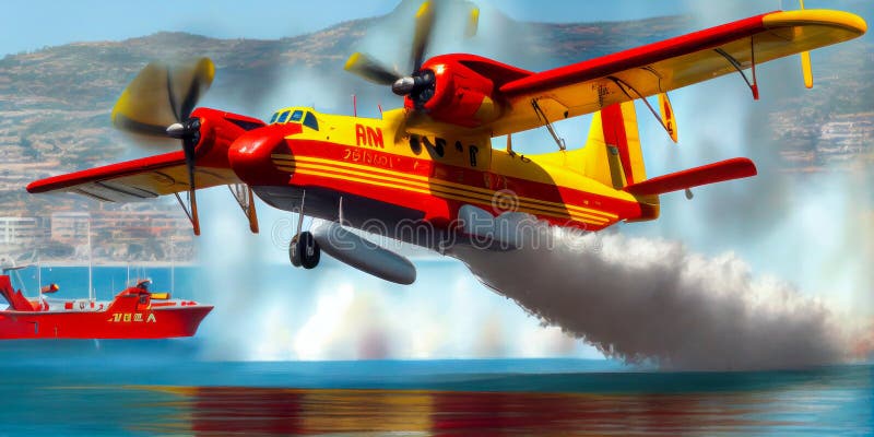 Fire Plane Collecting Water from a Reservoir. the Generative. Stock ...