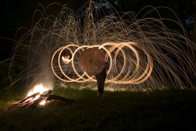 Fire Poi, Flaming Steel Wool Spinning Stock Image - Image of colors ...
