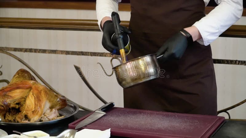 Fire Presentation from a Chef at the Restaurant. Amazing Cooking Show ...