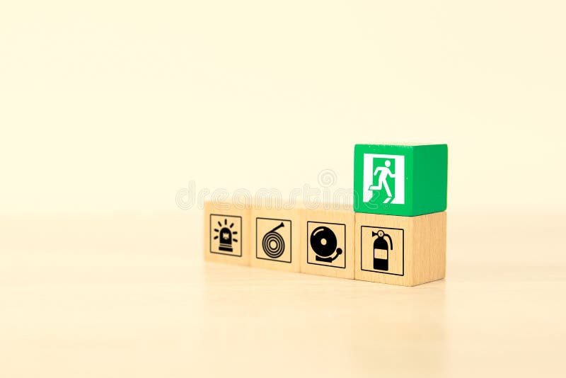 Close-up Cube Wooden Toy Block Stack with Prevent Icon with Door Exit ...