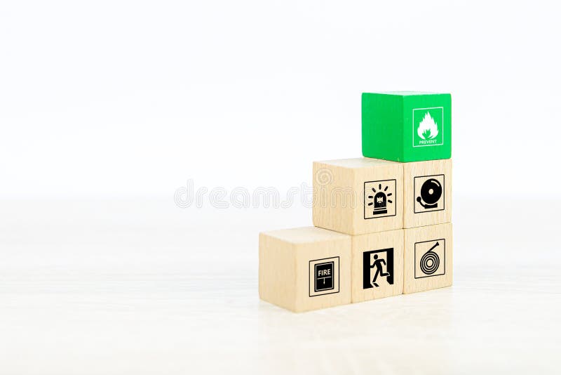 Close-up Cube Wooden Toy Block Stack with Prevent Icon with Door Exit ...