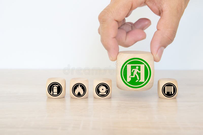 Fire Prevention Concept on Cube Wooden Toy Block Stack with Door Exit ...