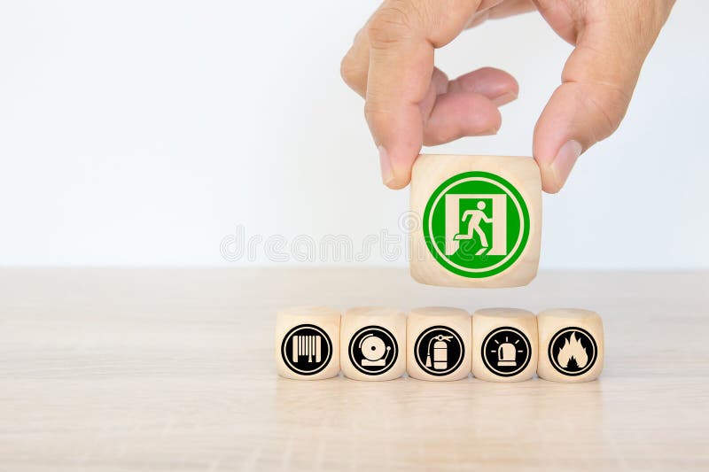 Fire Prevention Concept on Cube Wooden Toy Block Stack with Door Exit ...