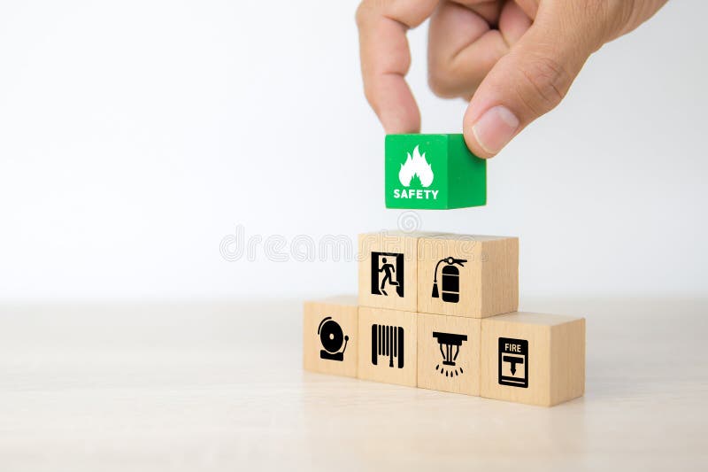 Fire Prevention Concept on Cube Wooden Toy Block Stack with Door Exit ...