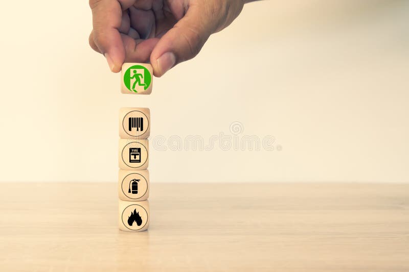 Fire Prevention Concept on Cube Wooden Toy Block Stack with Door Exit ...