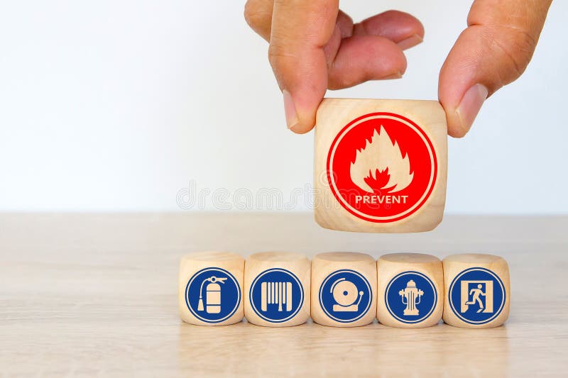 Fire Prevention Concept on Cube Wooden Toy Block Stack with Door Exit ...