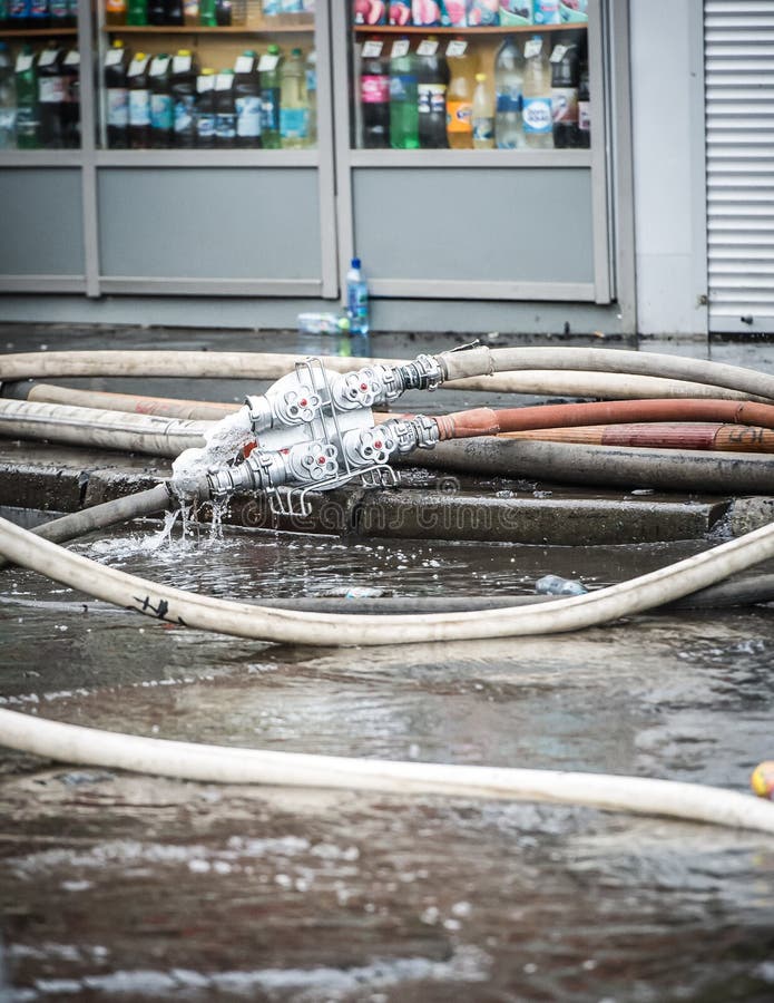 Fire-prevention Siphon or Gate a Tee and Hoses for Water are Connected ...