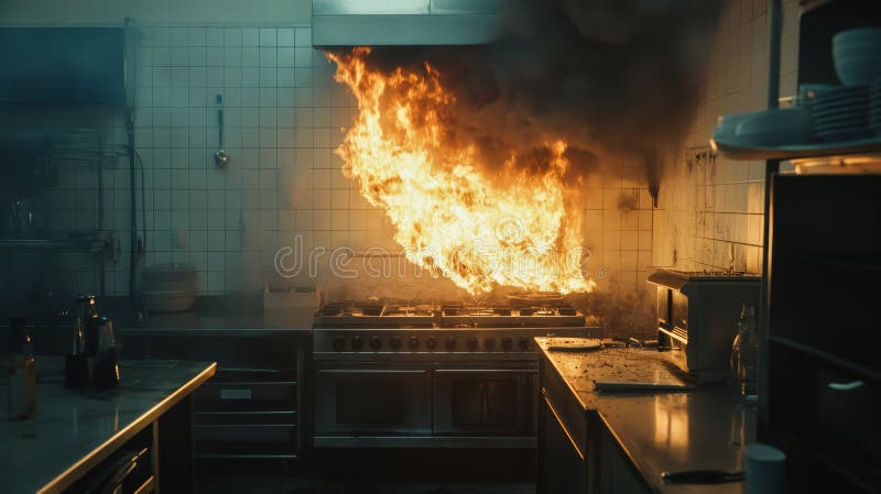 Fire in Professional Restaurant Kitchen Flames from Stove Highlight ...
