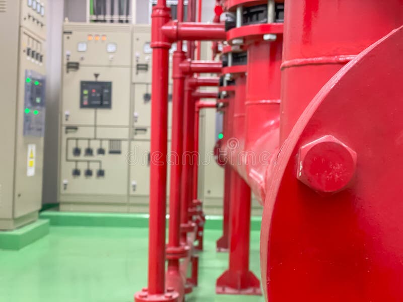 Fire Pump System with Big Red Pipe Line System Stock Image - Image of ...