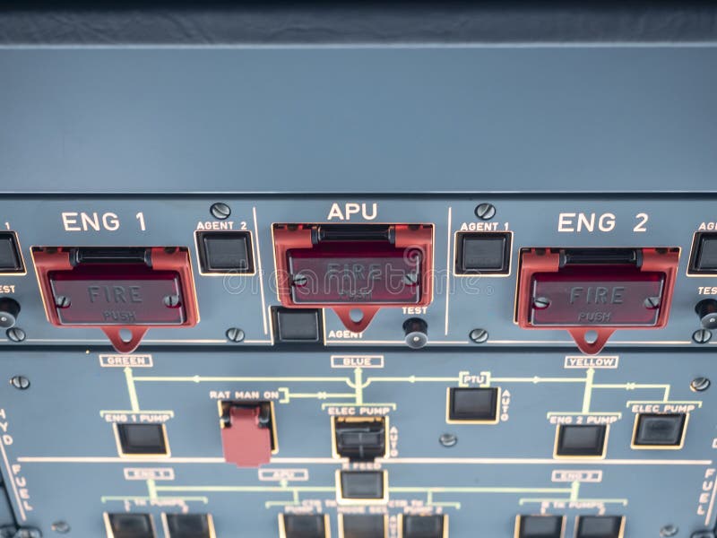 Fire Push Button and Warning Lights on the Overhead Panel in an A320 ...