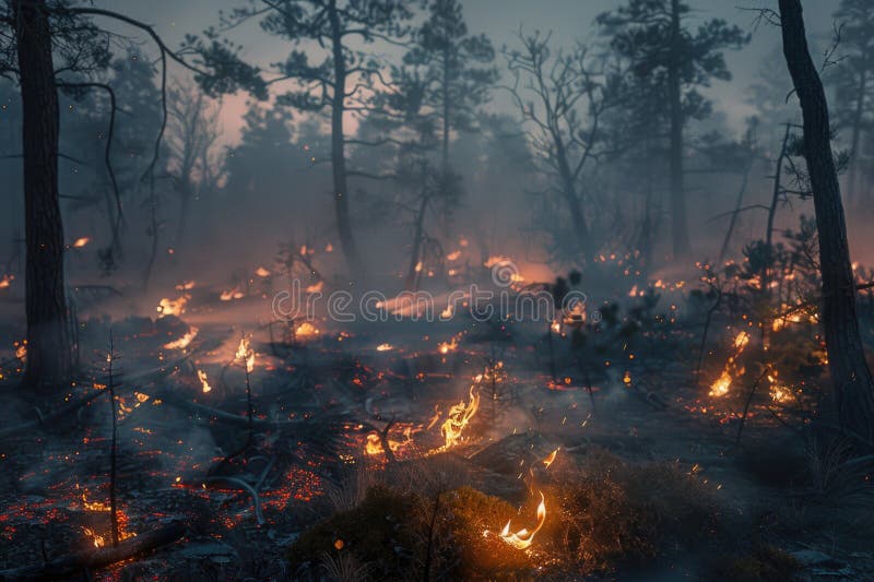 A Fire Rages through a Forest in the Evening, with Flames and Smoke ...