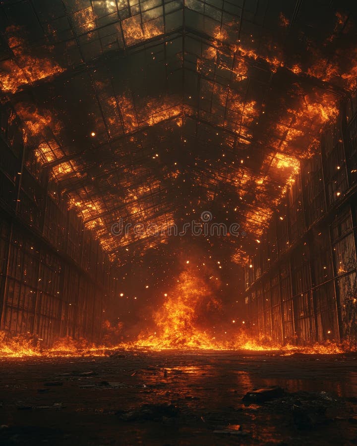 Fire Raging in Abandoned Warehouse, Creating Dramatic Scene Stock ...