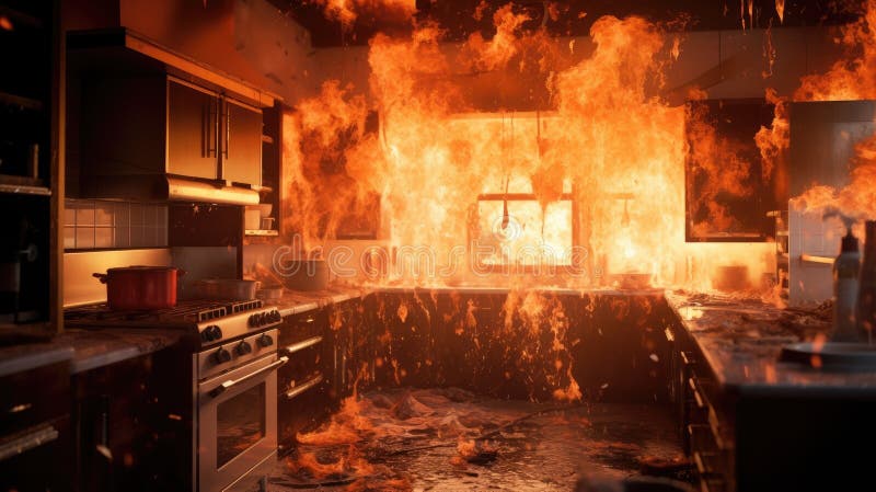 Fire Raging in Domestic Kitchen Stock Illustration - Illustration of ...