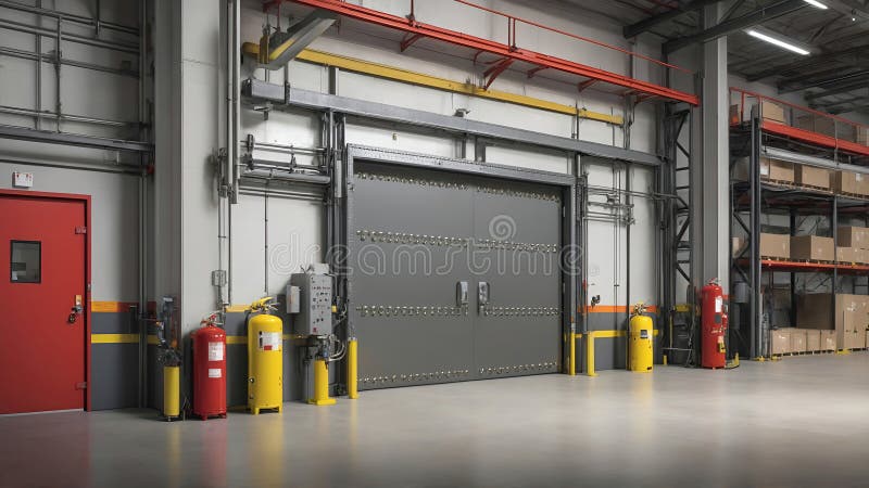 A Fire Rated Door in a Vast Industrial Warehouse Stock Image - Image of ...