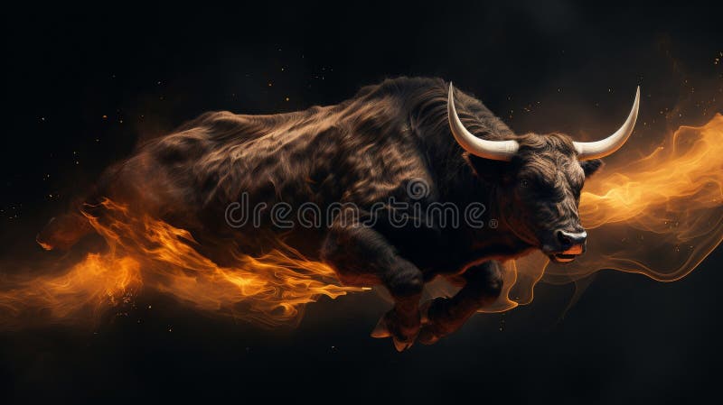 Red Fire Bull, Sparks Fly from Under the Hooves, Side View, on Night ...
