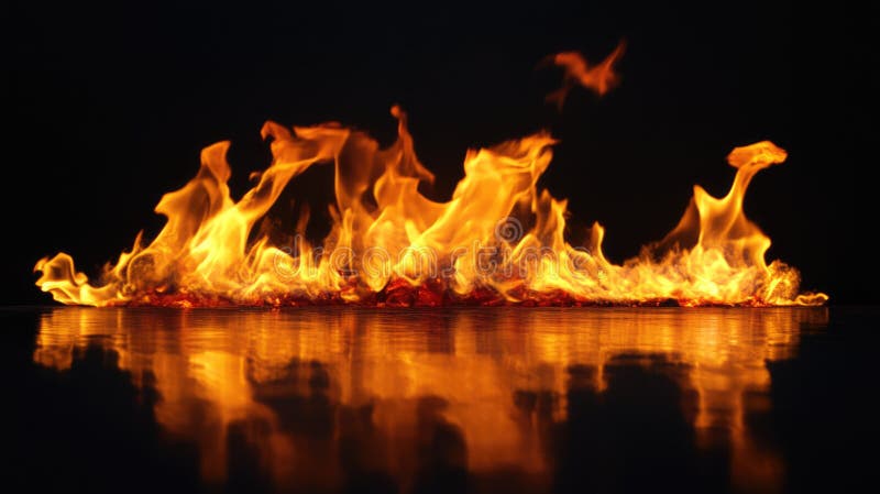 Fire and Reflection on Black Background. Yellow and Orange Flame, Fiery ...