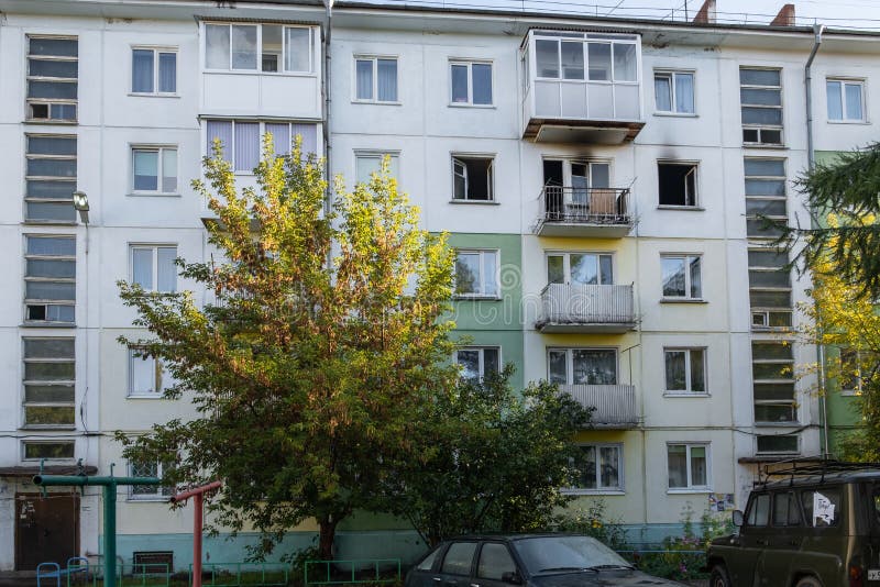 Fire in a Residential, Apartment Building. Opened, Broken Windows of a ...
