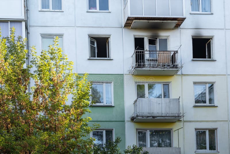 Fire in a Residential, Apartment Building. Opened, Broken Windows of a ...