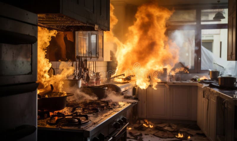 A Fire in a Residential Kitchen. Home Insurance and Safety Stock Photo ...