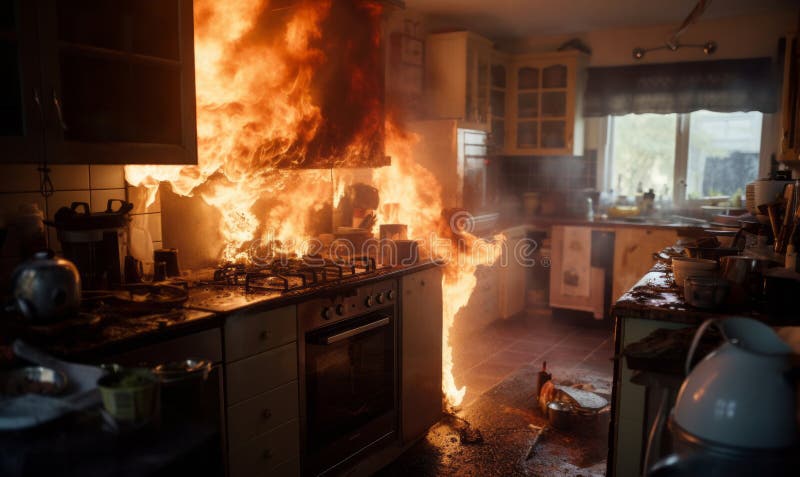 A Fire in a Residential Kitchen. Home Insurance and Safety Stock Photo ...