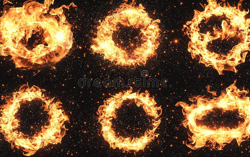 Fire Rings in Various Shapes Against a Dark Background Create a ...