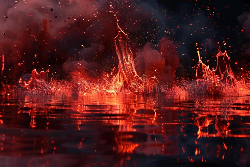 Fire in River, Reflection of Red Fire, Water Splash, Animation in Real ...