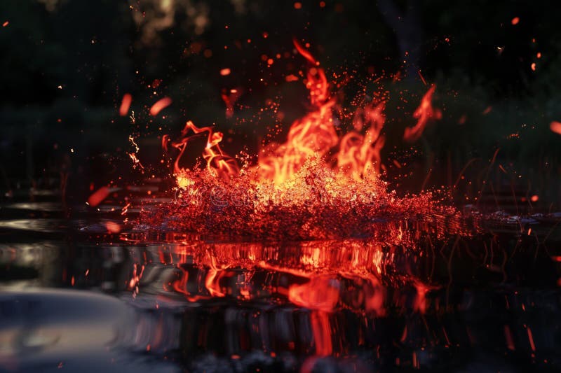 Fire in River, Reflection of Red Fire, Water Splash, Animation in Real ...