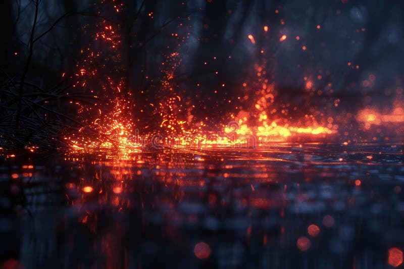 Fire in River, Reflection of Red Fire, Water Splash, Animation in Real ...