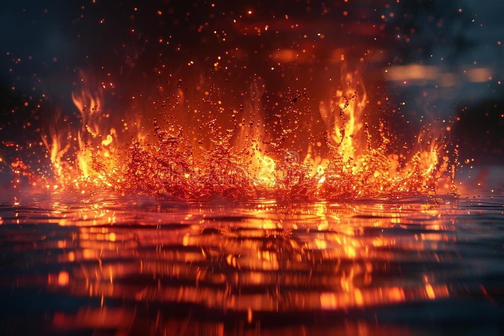 Fire in River, Reflection of Red Fire, Water Splash, Animation in Real ...