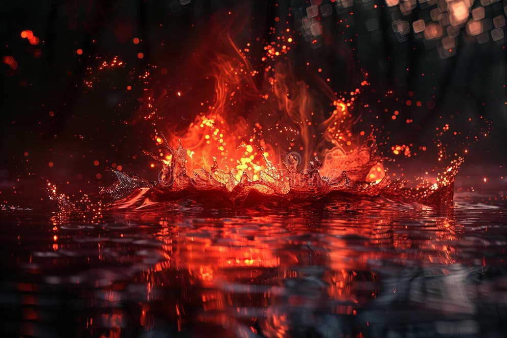 Fire in River, Reflection of Red Fire, Water Splash, Animation in Real ...