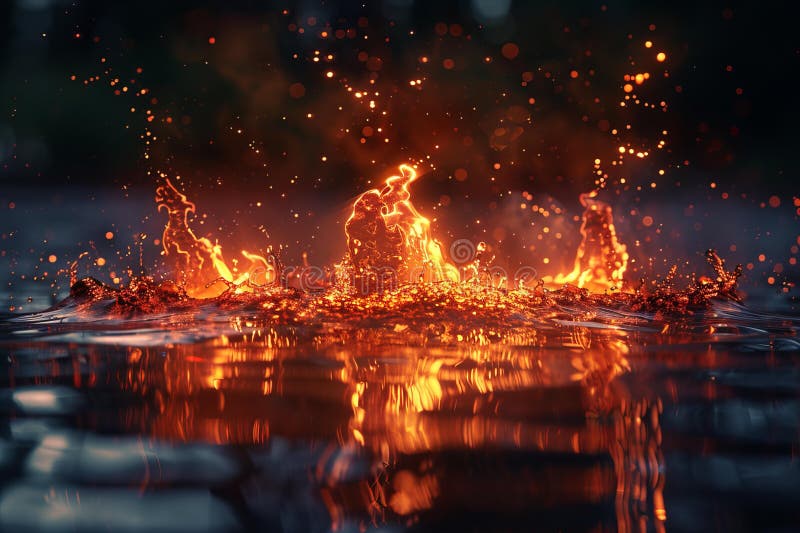 Fire in River, Reflection of Red Fire, Water Splash, Animation in Real ...