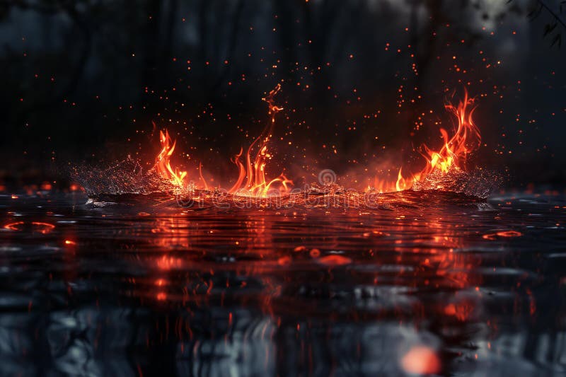 Fire in River, Reflection of Red Fire, Water Splash, Animation in Real ...