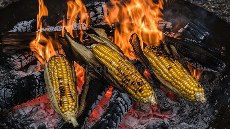 Fire-roasted Corn on the Cob Over Open Flames Stock Photo - Image of ...